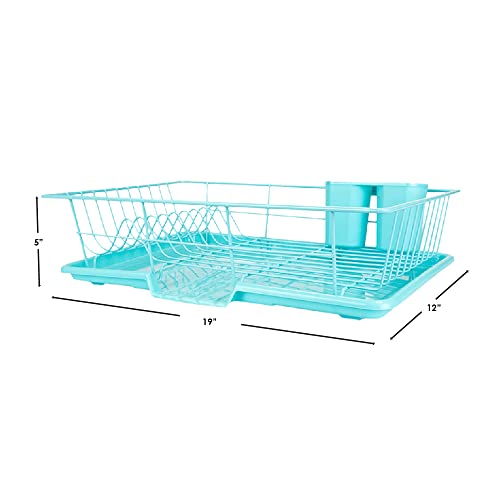 Home Basics Dish Drying Rack (Turquoise) Dish Drainers for Kitchen Counter | with Sloping Tray and Utensil Holder | Big Dish Drying Rack