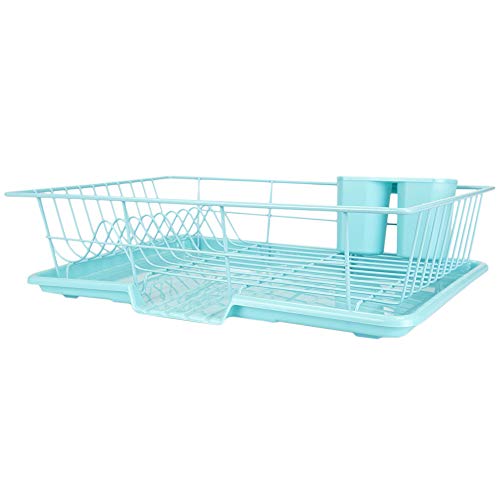 Home Basics Dish Drying Rack (Turquoise) Dish Drainers for Kitchen Counter | with Sloping Tray and Utensil Holder | Big Dish Drying Rack