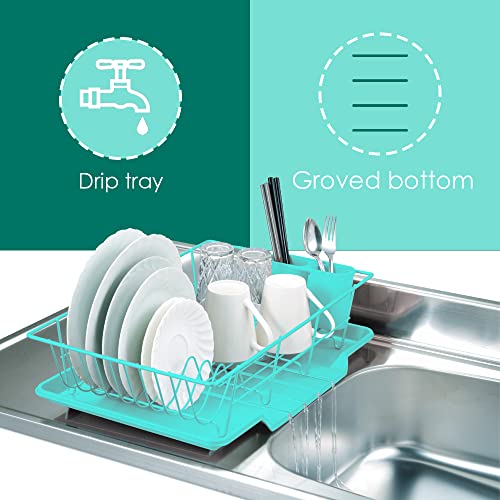 Home Basics Dish Drying Rack (Turquoise) Dish Drainers for Kitchen Counter | with Sloping Tray and Utensil Holder | Big Dish Drying Rack