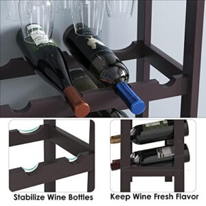 FOTOSOK Bamboo Floor Wine Rack, Freestanding Wine Bottle Organizer Shelves with Glass Holder Rack,16 Bottles, Wobble-Free Wine Display Storage Stand with Table Top for Kitchen Dining Room, Espresso