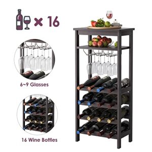 FOTOSOK Bamboo Floor Wine Rack, Freestanding Wine Bottle Organizer Shelves with Glass Holder Rack,16 Bottles, Wobble-Free Wine Display Storage Stand with Table Top for Kitchen Dining Room, Espresso