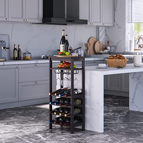 FOTOSOK Bamboo Floor Wine Rack, Freestanding Wine Bottle Organizer Shelves with Glass Holder Rack,16 Bottles, Wobble-Free Wine Display Storage Stand with Table Top for Kitchen Dining Room, Espresso