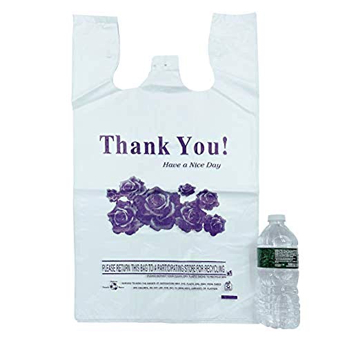 R Noble Heavy Duty 12???23???7?Purple Flower Thank You Reusable Disposable Grocery T-Shirt Plastic Bags 200 Counts 17Mic