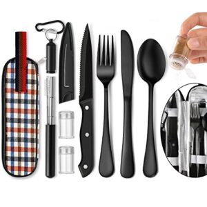 portable travel utensils set, travel camping cutlery set, reusable stainless steel flatware set with case for office school picnic (black)