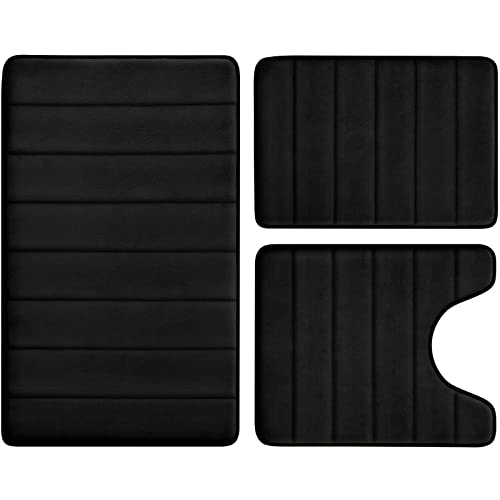 BYSURE Black Memory Foam Bathroom Rug Set 3 Piece Non Slip Extra Absorbent Shaggy Bathroom Mats and Rugs Sets, Soft & Dry Bath Mat Sets for Bathroom Washable Carpets Set