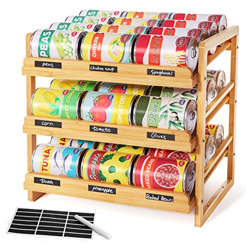 Yumkfoi Bamboo Can Rack Organizer, 3 Tier Stackable Can Storage Rack with Label Sticker and Marker Pen, Can Holder Storage Organizer for Kitchen Cabinet or Pantry (Natural Bamboo)