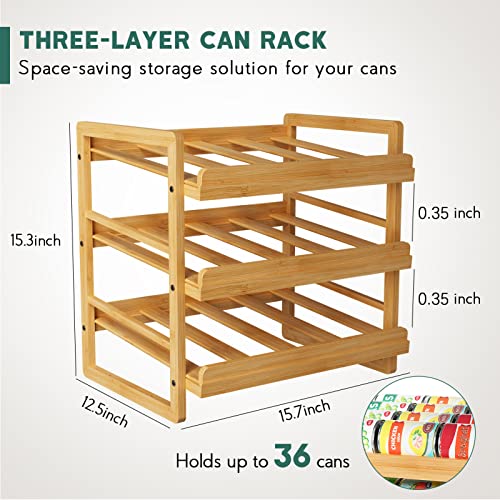 Yumkfoi Bamboo Can Rack Organizer, 3 Tier Stackable Can Storage Rack with Label Sticker and Marker Pen, Can Holder Storage Organizer for Kitchen Cabinet or Pantry (Natural Bamboo)