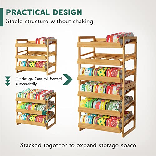 Yumkfoi Bamboo Can Rack Organizer, 3 Tier Stackable Can Storage Rack with Label Sticker and Marker Pen, Can Holder Storage Organizer for Kitchen Cabinet or Pantry (Natural Bamboo)