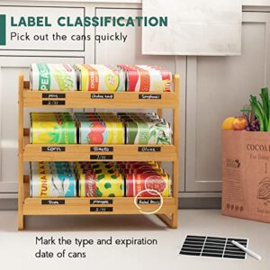 Yumkfoi Bamboo Can Rack Organizer, 3 Tier Stackable Can Storage Rack with Label Sticker and Marker Pen, Can Holder Storage Organizer for Kitchen Cabinet or Pantry (Natural Bamboo)