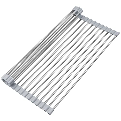 MGahyi Roll Up Dish Drying Rack, Over The Sink Drying Rack, Multipurpose 304 Stainless Steel Silicone Wrapped Steel Roll-Up , Folding Dish Rack for Kitchen Sink （Gray, 17.3" x 13 "）