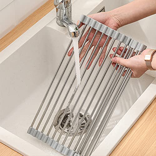 MGahyi Roll Up Dish Drying Rack, Over The Sink Drying Rack, Multipurpose 304 Stainless Steel Silicone Wrapped Steel Roll-Up , Folding Dish Rack for Kitchen Sink （Gray, 17.3" x 13 "）