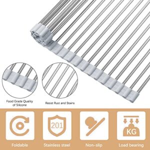 MGahyi Roll Up Dish Drying Rack, Over The Sink Drying Rack, Multipurpose 304 Stainless Steel Silicone Wrapped Steel Roll-Up , Folding Dish Rack for Kitchen Sink （Gray, 17.3" x 13 "）