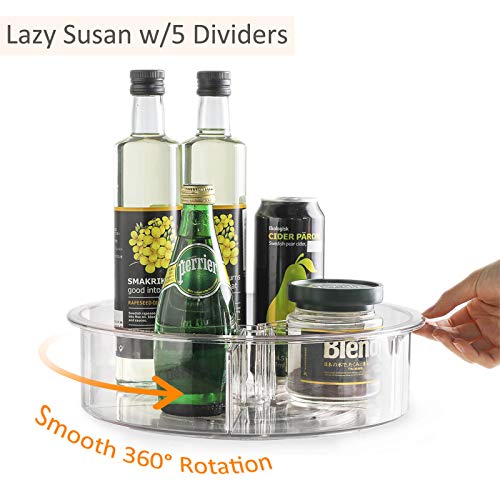 FIRJOY Lazy Susan Cabinet Organizer with Removable Dividers, 12 inch Spinning Turntable Organizer for Snack, Spice, Kitchen, Pantry, Fridge - Clear