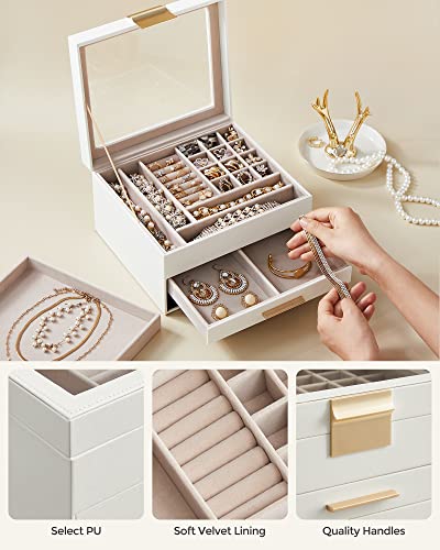 SONGMICS Jewelry Box with Glass Lid, 3-Layer Jewelry Organizer, 2 Drawers, Jewelry Storage, Lots of Storage Space, Modern, Gift Idea, 8 x 9.1 x 5.3 Inches, Cloud White and Gold Color UJBC239WT