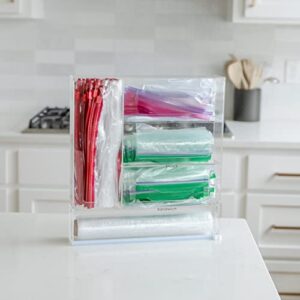 Versatile 5-In-1 Acrylic Ziplock Bag Organizer for Drawer, Countertop & Wall - Easy-to-Use Ziplock Bag Storage Organizer with Magnetic Side Opening + Cling Wrap Dispenser with Cutter (Clear)