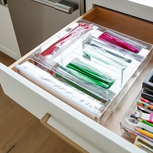 Versatile 5-In-1 Acrylic Ziplock Bag Organizer for Drawer, Countertop & Wall - Easy-to-Use Ziplock Bag Storage Organizer with Magnetic Side Opening + Cling Wrap Dispenser with Cutter (Clear)