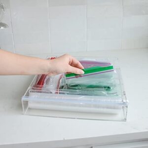 Versatile 5-In-1 Acrylic Ziplock Bag Organizer for Drawer, Countertop & Wall - Easy-to-Use Ziplock Bag Storage Organizer with Magnetic Side Opening + Cling Wrap Dispenser with Cutter (Clear)