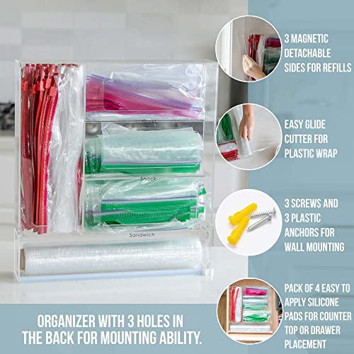 Versatile 5-In-1 Acrylic Ziplock Bag Organizer for Drawer, Countertop & Wall - Easy-to-Use Ziplock Bag Storage Organizer with Magnetic Side Opening + Cling Wrap Dispenser with Cutter (Clear)