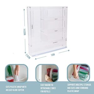 Versatile 5-In-1 Acrylic Ziplock Bag Organizer for Drawer, Countertop & Wall - Easy-to-Use Ziplock Bag Storage Organizer with Magnetic Side Opening + Cling Wrap Dispenser with Cutter (Clear)