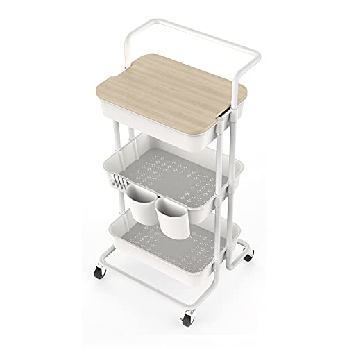 DTK 3 Tier Utility Rolling Cart with Cover Board, Rolling Storage Cart with Handle and Locking Wheels Kitchen Cart with 2 Small Baskets and 4 Hooks for Bathroom Office Balcony Living Room(White)