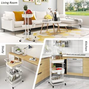 DTK 3 Tier Utility Rolling Cart with Cover Board, Rolling Storage Cart with Handle and Locking Wheels Kitchen Cart with 2 Small Baskets and 4 Hooks for Bathroom Office Balcony Living Room(White)