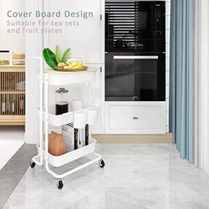 DTK 3 Tier Utility Rolling Cart with Cover Board, Rolling Storage Cart with Handle and Locking Wheels Kitchen Cart with 2 Small Baskets and 4 Hooks for Bathroom Office Balcony Living Room(White)