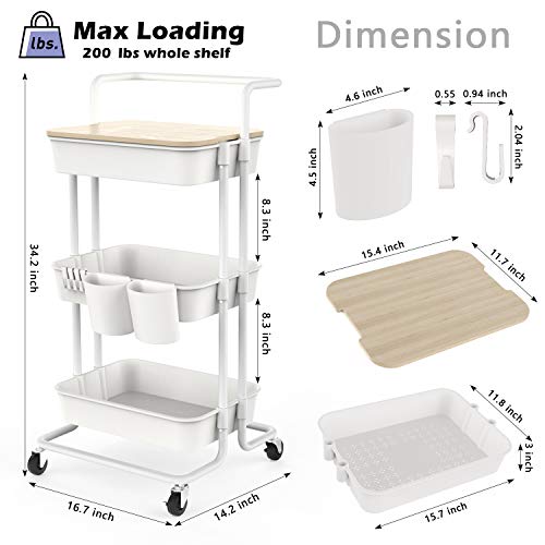 DTK 3 Tier Utility Rolling Cart with Cover Board, Rolling Storage Cart with Handle and Locking Wheels Kitchen Cart with 2 Small Baskets and 4 Hooks for Bathroom Office Balcony Living Room(White)