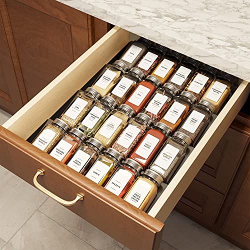 SpaceAid Spice Drawer Organizer with 24 Spice Jars, 378 White Minimalist Spice Labels, 4 Tier Seasoning Rack Tray Insert for Kitchen Drawers, 11.25" Wide x 17.5" Deep