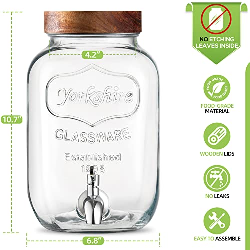 1-Gallon Glass Drink Dispenser with Stand, 18/8 Stainless Steel Spigot, Designed Wooden Lid - [2 Pack] Glass Beverage Dispensers for Parties - Mason Jar Drink Dispensers with Lids, Wooden Chalkboards