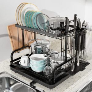 sakugi dish drying rack for countertop – rustproof dish rack, space-saving & multipurpose drying rack for kitchen counter with utensil holder, large-capacity 2-tier dish drying rack, black