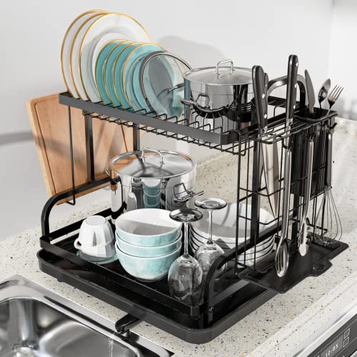 Sakugi Dish Drying Rack for Countertop - Rustproof Dish Rack, Space-Saving & Multipurpose Drying Rack for Kitchen Counter with Utensil Holder, Large-Capacity 2-Tier Dish Drying Rack, Black