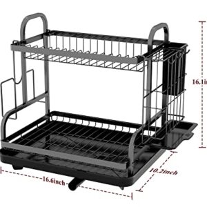 Sakugi Dish Drying Rack for Countertop - Rustproof Dish Rack, Space-Saving & Multipurpose Drying Rack for Kitchen Counter with Utensil Holder, Large-Capacity 2-Tier Dish Drying Rack, Black