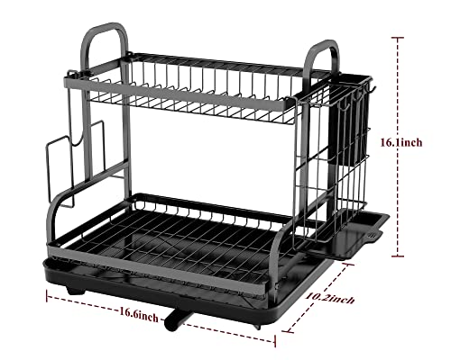 Sakugi Dish Drying Rack for Countertop - Rustproof Dish Rack, Space-Saving & Multipurpose Drying Rack for Kitchen Counter with Utensil Holder, Large-Capacity 2-Tier Dish Drying Rack, Black