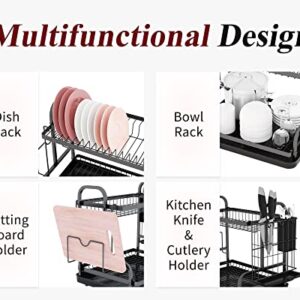 Sakugi Dish Drying Rack for Countertop - Rustproof Dish Rack, Space-Saving & Multipurpose Drying Rack for Kitchen Counter with Utensil Holder, Large-Capacity 2-Tier Dish Drying Rack, Black