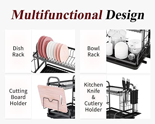 Sakugi Dish Drying Rack for Countertop - Rustproof Dish Rack, Space-Saving & Multipurpose Drying Rack for Kitchen Counter with Utensil Holder, Large-Capacity 2-Tier Dish Drying Rack, Black