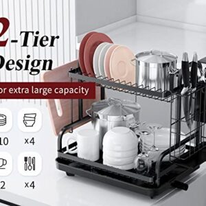 Sakugi Dish Drying Rack for Countertop - Rustproof Dish Rack, Space-Saving & Multipurpose Drying Rack for Kitchen Counter with Utensil Holder, Large-Capacity 2-Tier Dish Drying Rack, Black