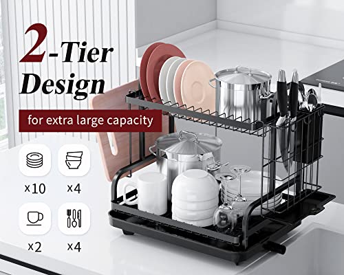 Sakugi Dish Drying Rack for Countertop - Rustproof Dish Rack, Space-Saving & Multipurpose Drying Rack for Kitchen Counter with Utensil Holder, Large-Capacity 2-Tier Dish Drying Rack, Black