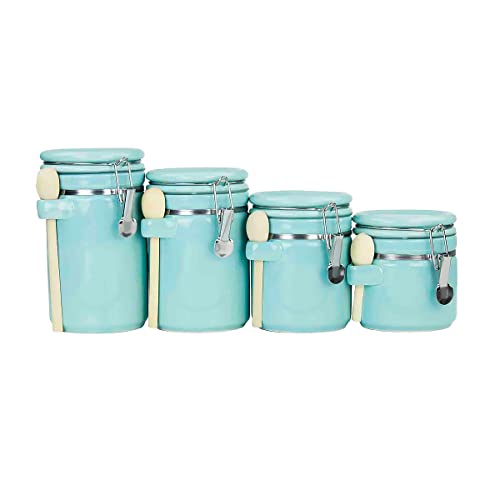 Canister Sets For The Kitchen (4 Piece) Turquoise, High Gloss Ceramic | By Home Basics | Decorative Kitchen Set | With Wooden Spoons, Countertop Set For Flour, Sugar, Coffee, and Snacks