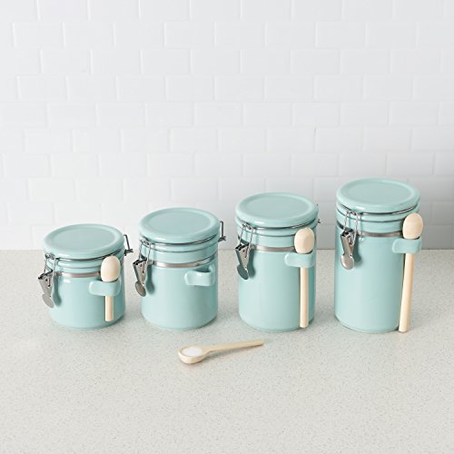 Canister Sets For The Kitchen (4 Piece) Turquoise, High Gloss Ceramic | By Home Basics | Decorative Kitchen Set | With Wooden Spoons, Countertop Set For Flour, Sugar, Coffee, and Snacks