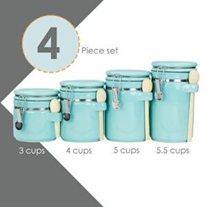 Canister Sets For The Kitchen (4 Piece) Turquoise, High Gloss Ceramic | By Home Basics | Decorative Kitchen Set | With Wooden Spoons, Countertop Set For Flour, Sugar, Coffee, and Snacks