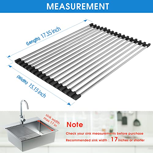 KIBEE Dish Drying Rack,Square Rods Stainless Steel Roll Up Over The Sink Drainer,Gadget Tool for Many Kitchen Task (17.35 x 15.15 Black)