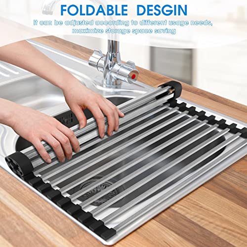 KIBEE Dish Drying Rack,Square Rods Stainless Steel Roll Up Over The Sink Drainer,Gadget Tool for Many Kitchen Task (17.35 x 15.15 Black)