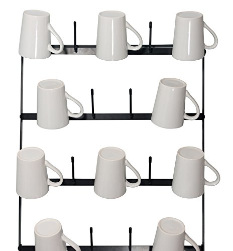 Wall Mounted Coffee Mug Rack - Large Rustic Black Iron Steel Kitchen Rack with 6 Rows - Storage for 27 Cups - Jar & Plate Holder - Vertical Display Organizer - Farmhouse Home Décor - Claimed Corner