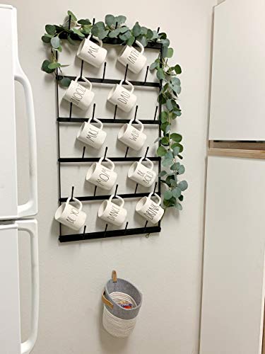 Wall Mounted Coffee Mug Rack - Large Rustic Black Iron Steel Kitchen Rack with 6 Rows - Storage for 27 Cups - Jar & Plate Holder - Vertical Display Organizer - Farmhouse Home Décor - Claimed Corner