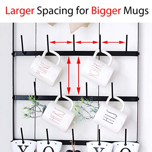 Wall Mounted Coffee Mug Rack - Large Rustic Black Iron Steel Kitchen Rack with 6 Rows - Storage for 27 Cups - Jar & Plate Holder - Vertical Display Organizer - Farmhouse Home Décor - Claimed Corner