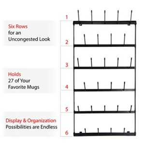 Wall Mounted Coffee Mug Rack - Large Rustic Black Iron Steel Kitchen Rack with 6 Rows - Storage for 27 Cups - Jar & Plate Holder - Vertical Display Organizer - Farmhouse Home Décor - Claimed Corner