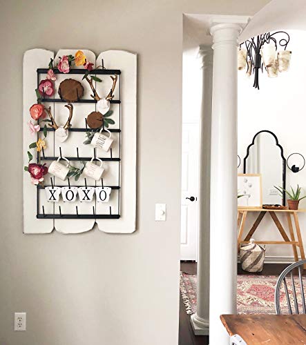 Wall Mounted Coffee Mug Rack - Large Rustic Black Iron Steel Kitchen Rack with 6 Rows - Storage for 27 Cups - Jar & Plate Holder - Vertical Display Organizer - Farmhouse Home Décor - Claimed Corner