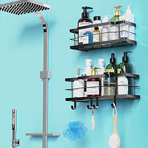 Moforoco Shower Caddy - Adhesive Shower Organizer, Hanging Suction Black Shower Shelves Rack, Inside Shower Rack Holder, Bathroom Decor Organization Storage Accessories, Home Essentials Gadgets