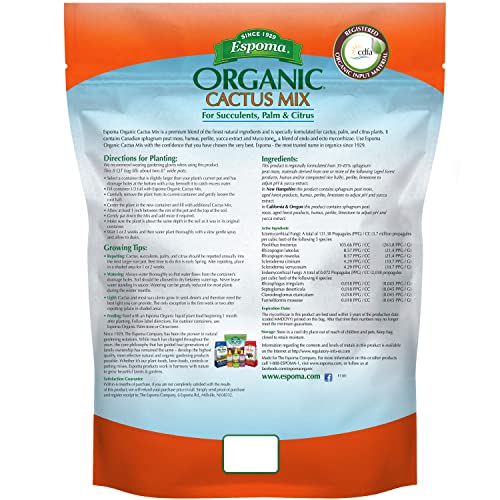 Espoma Organic Cactus Potting Soil Mix, Natural & Organic Soil for Cactus, Succulent, Palm, and Citrus grown in containers both indoors and outdoors, 4 qt, Pack of 1