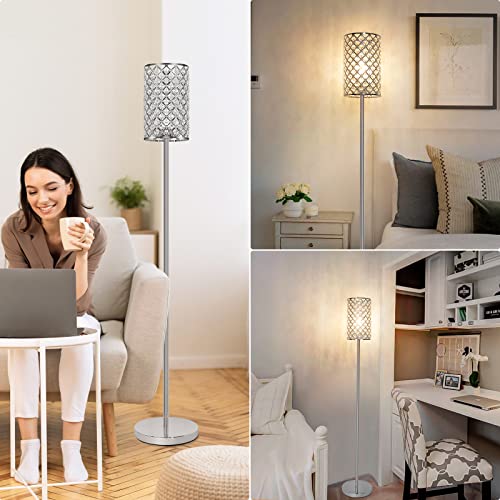 Crystal Floor Lamp, Modern Standing Lamp with Elegant Shade, LED Floor Lamp with On/Off Foot Switch, Silver Finish Tall Pole Lamp Accent Light for Living Room, Girl Bedroom, Dresser, Office (E26 Base)